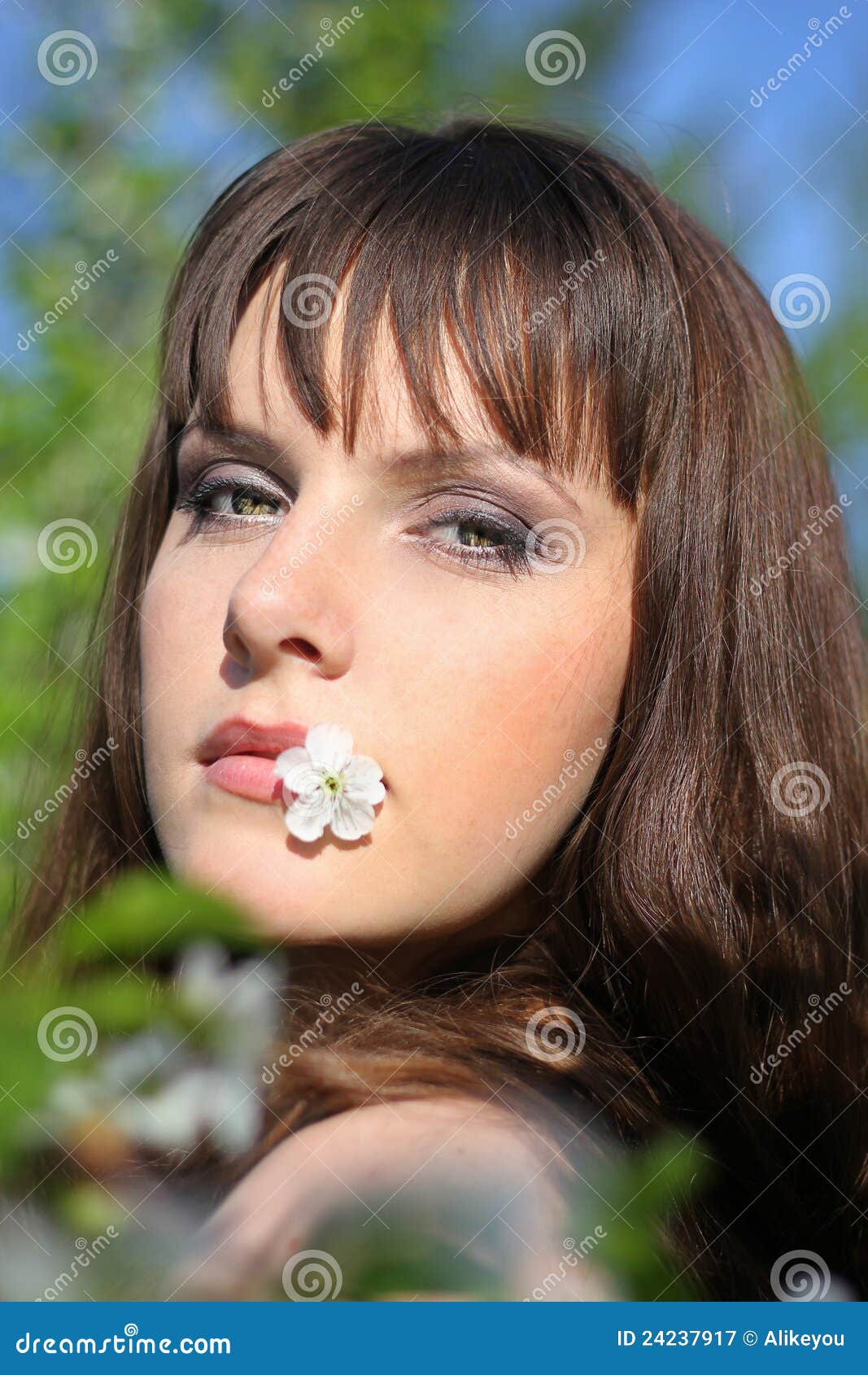 Girl in Spring Blooming Garden with Flower Stock Image - Image of ...