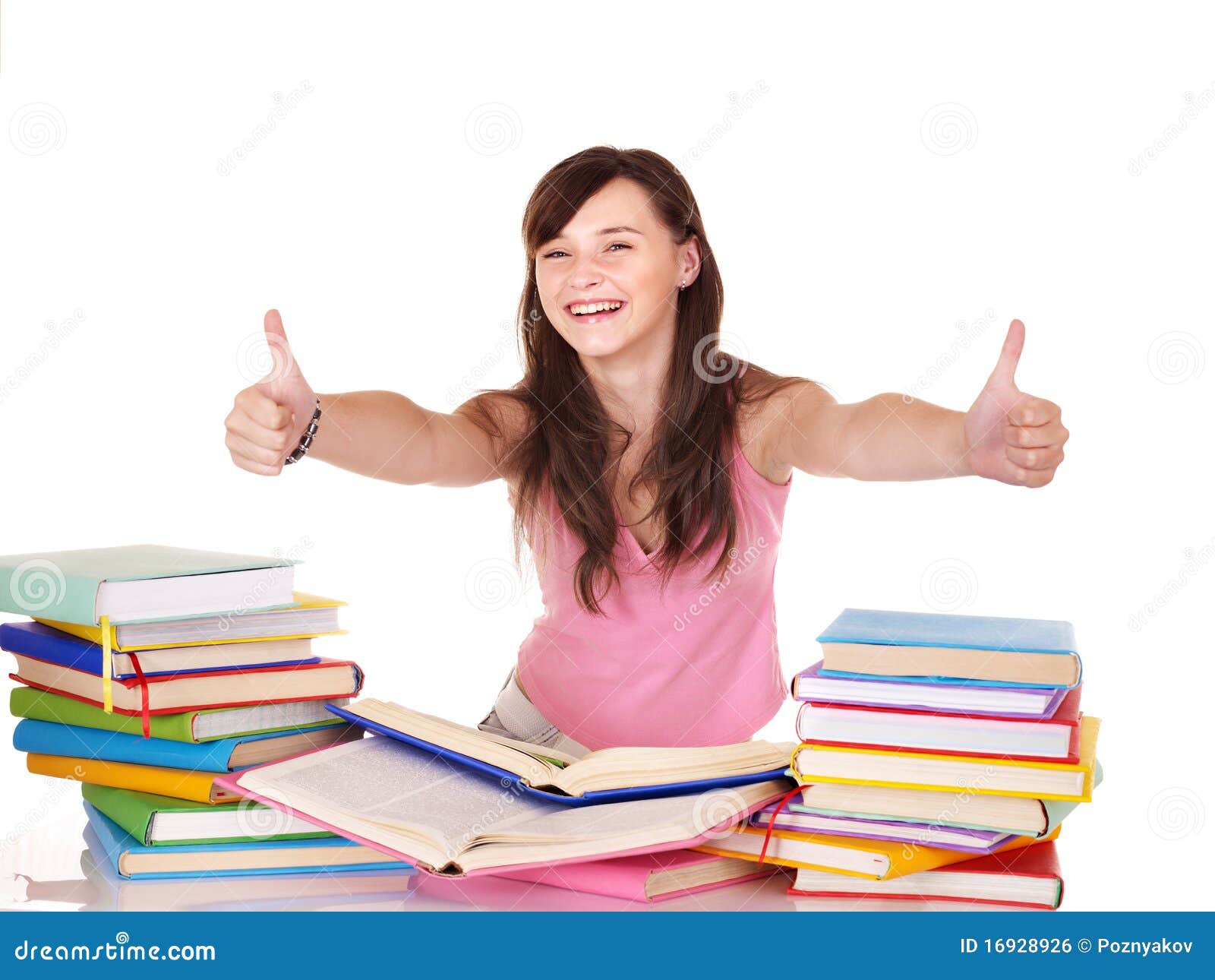 Girl with Stack Book Showing Thumb Up. Stock Photo - Image of ...