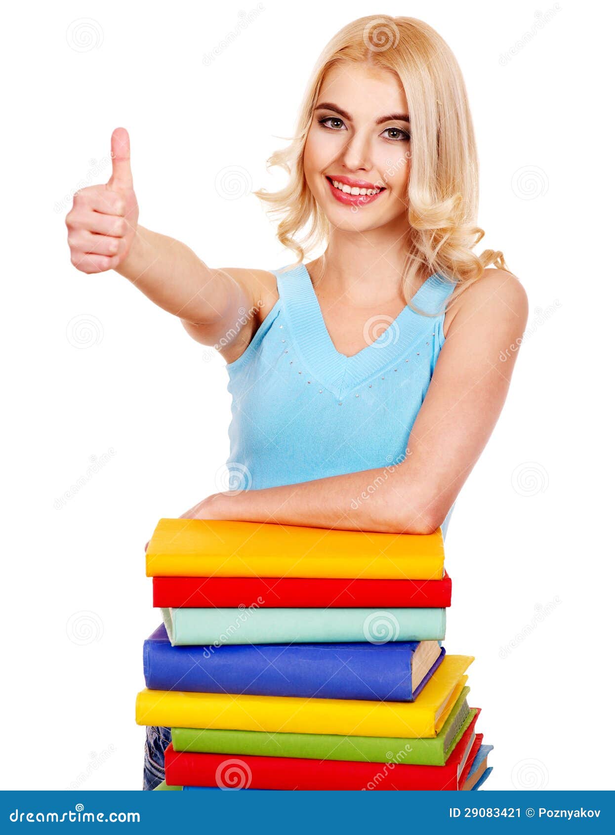 Girl with Stack Book Showing Thumb Up. Stock Image - Image of learning ...