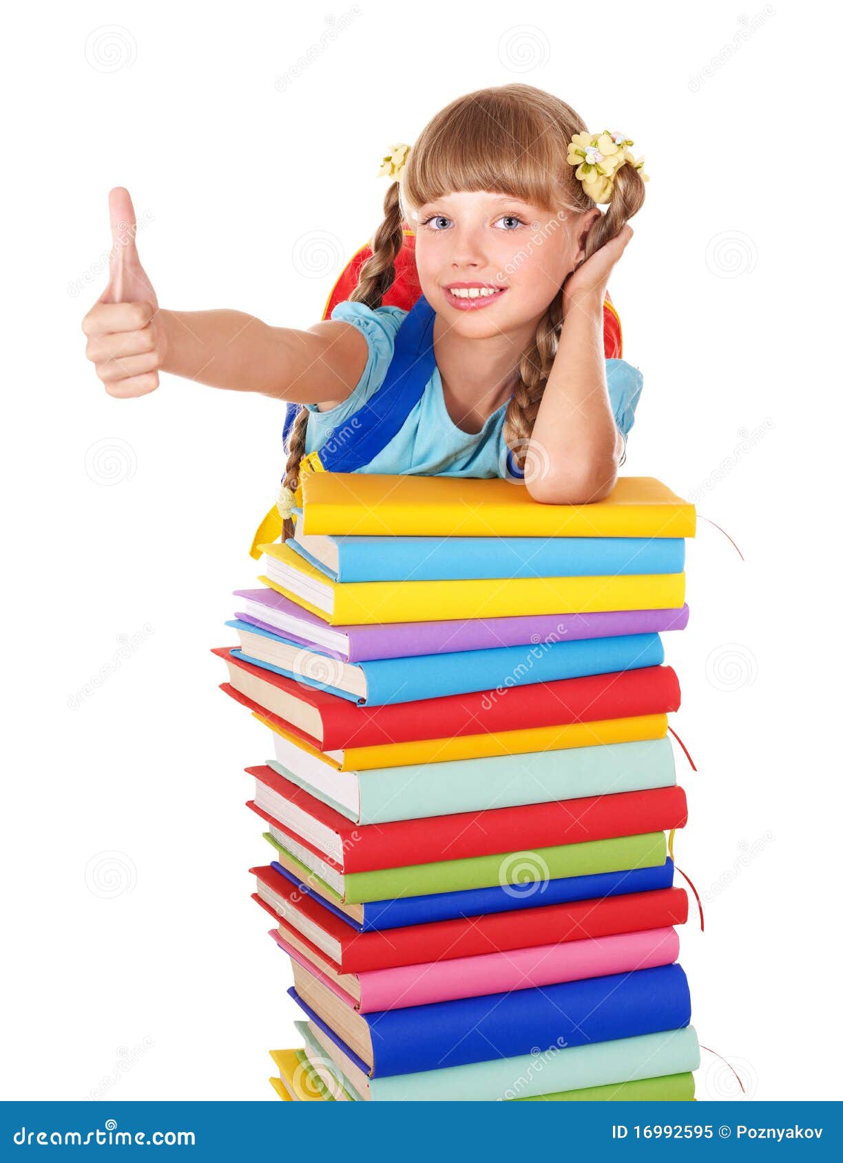 Girl with Stack of Books and Showing Thumb Up. Stock Image - Image of ...