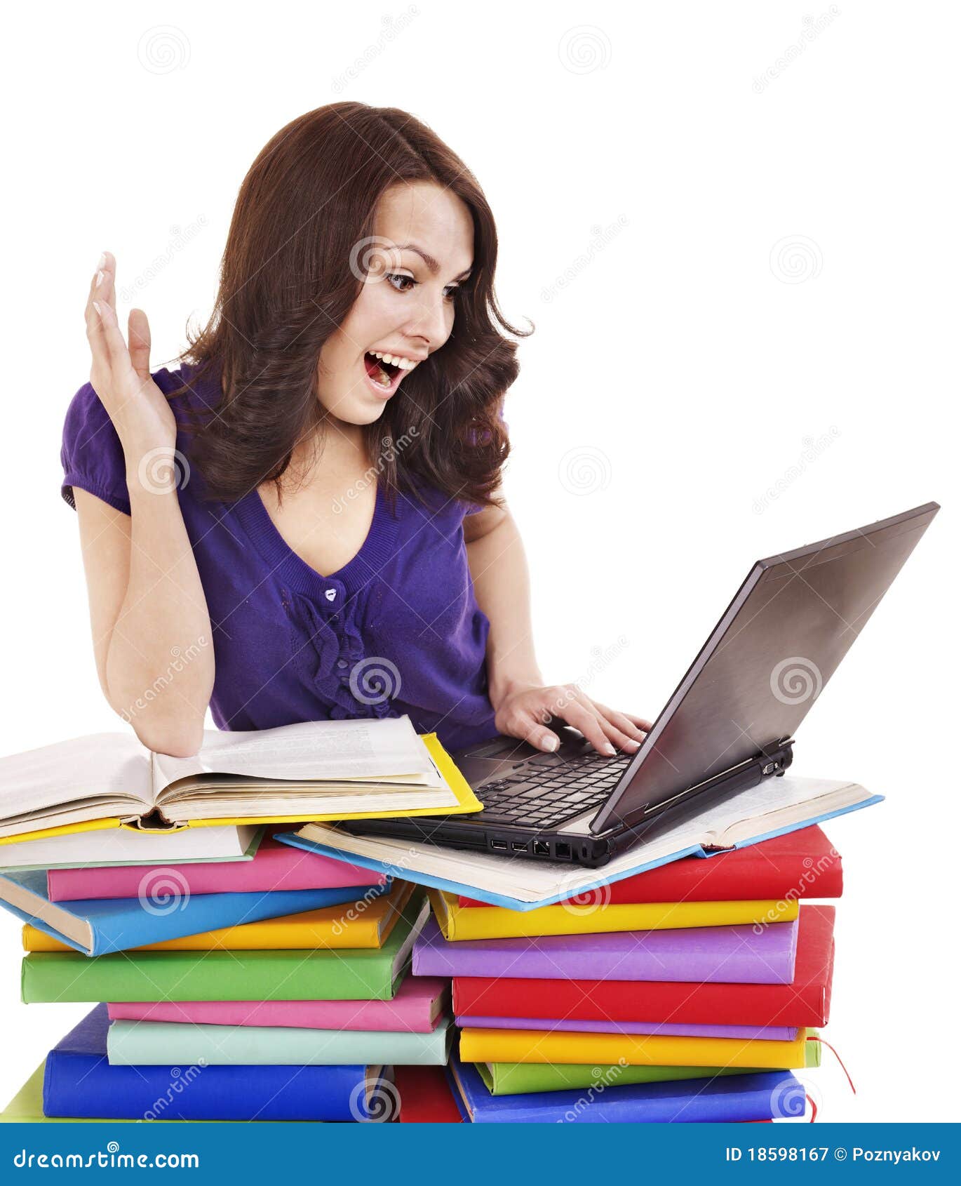 Girl with Stack Color Book and Laptop. Stock Image - Image of childhood ...