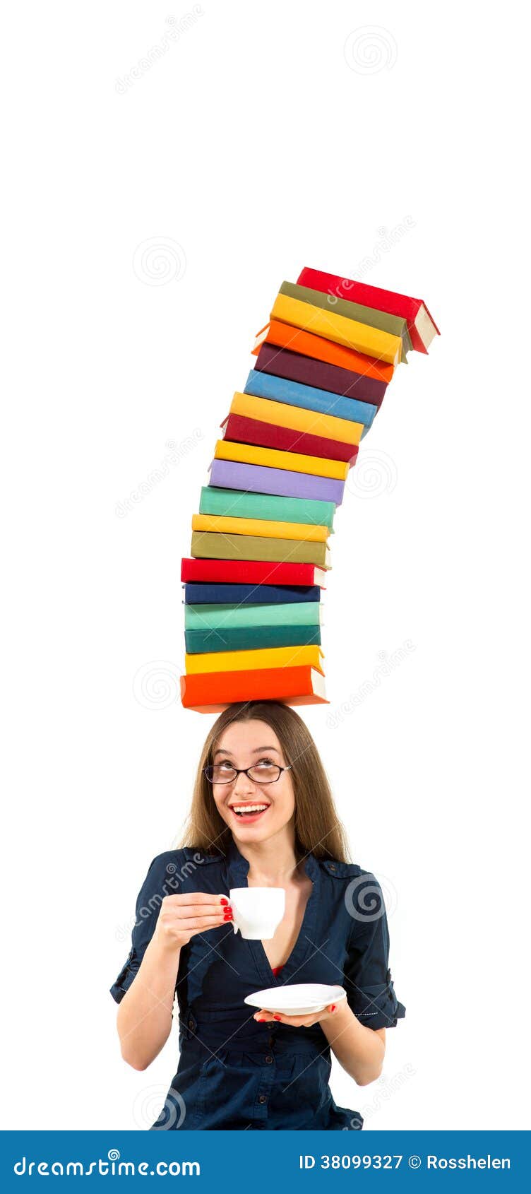 Girl with Stack of Colorful Books on Her Head Stock Image - Image of ...
