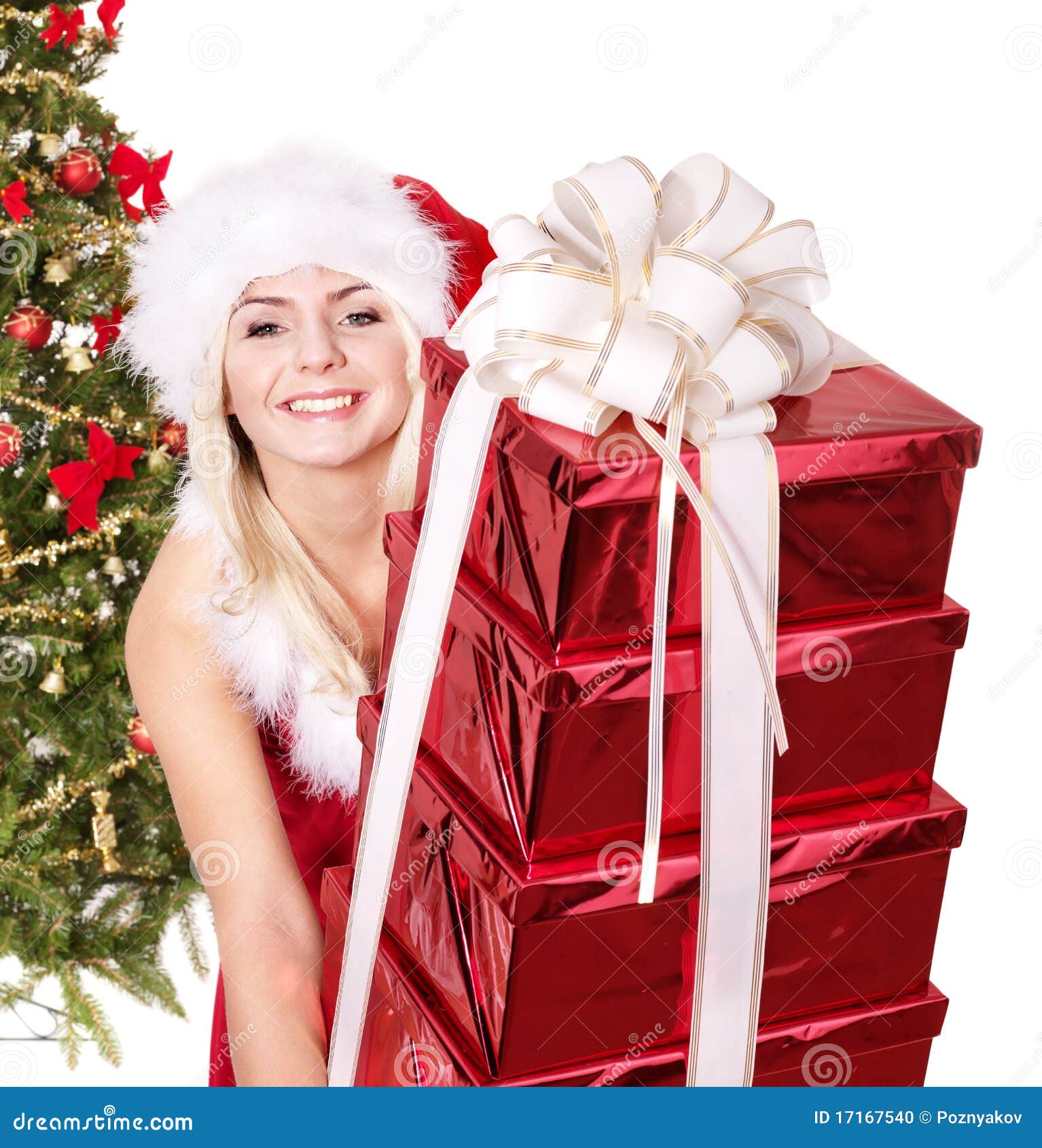 Girl Stack Gift Box by Christmas Tree. Stock Photo - Image of ...