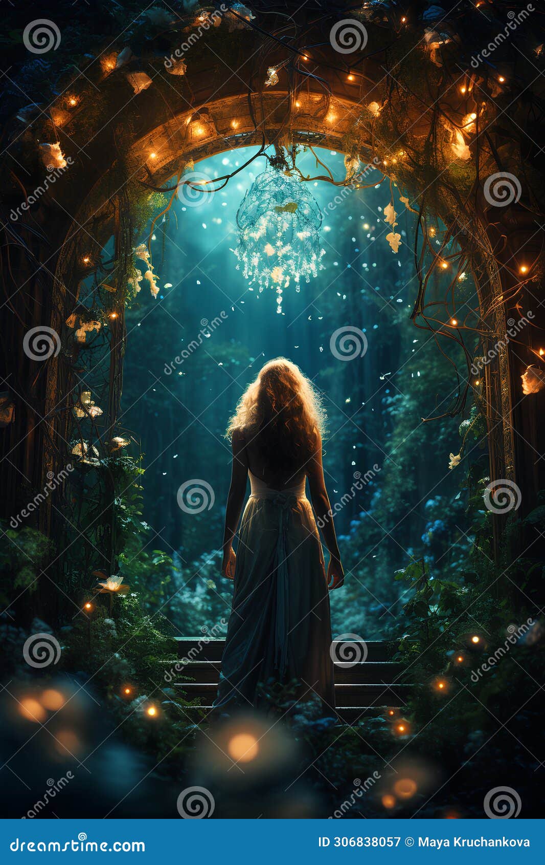 Girl Standing in Front of Magical Gates in Dark Forest Covered in Moss ...