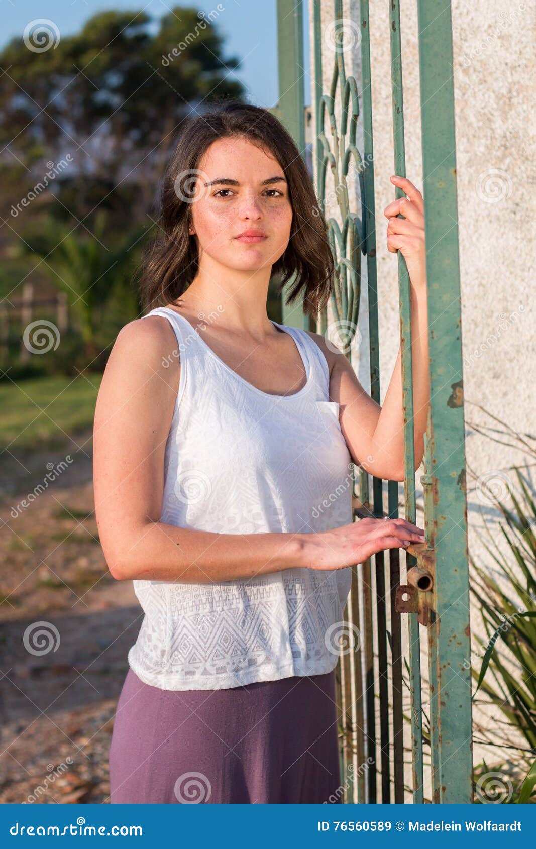 Girl standing at gate stock image. Image of girl, freckles - 76560589