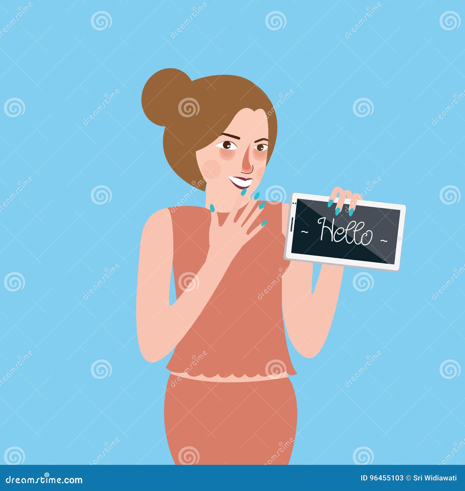 Girl Standing Holding Tablet Screen Says Hello Greetings Welcome Stock ...