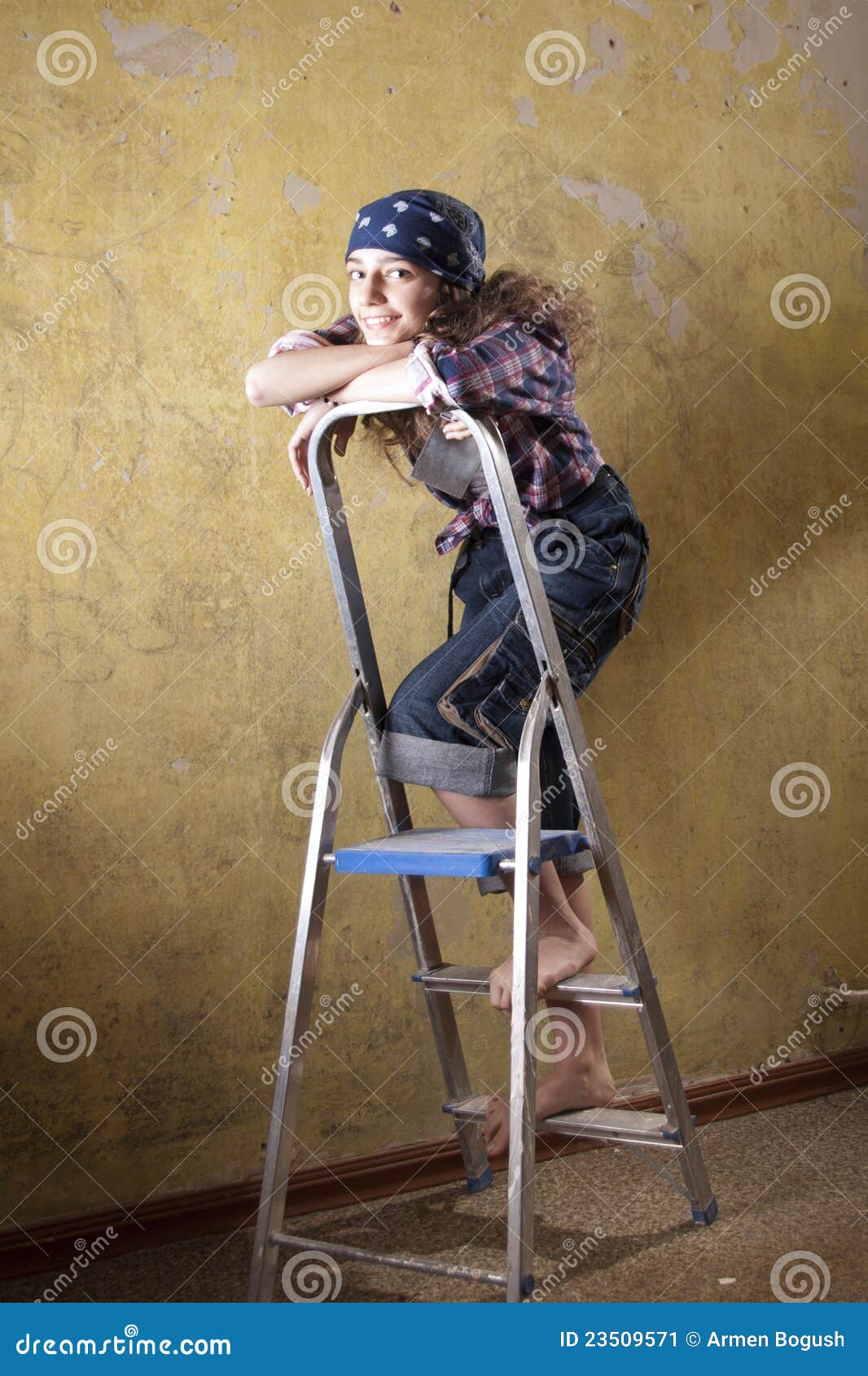 Girl Standing on the Ladder Stock Image - Image of occupation, cheerful ...