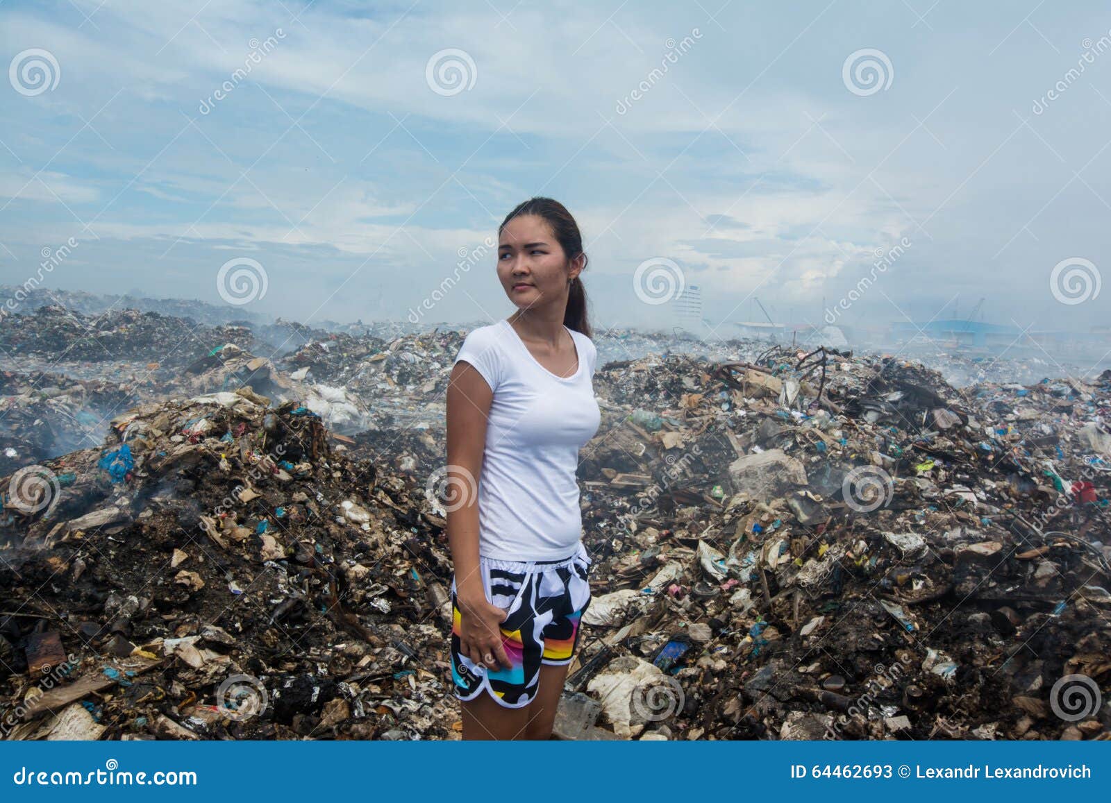 Girl Standing and Looking a Side Sad with Trash Around at Garbage Dump ...
