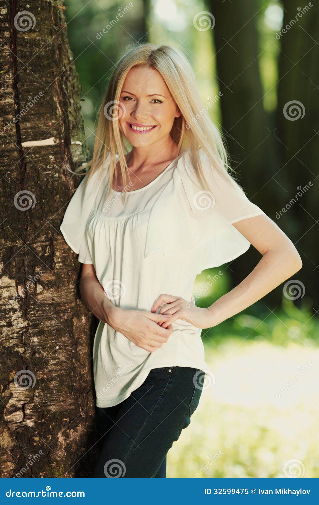 Girl Standing Next To a Tree Stock Image - Image of lifestyle, nature ...