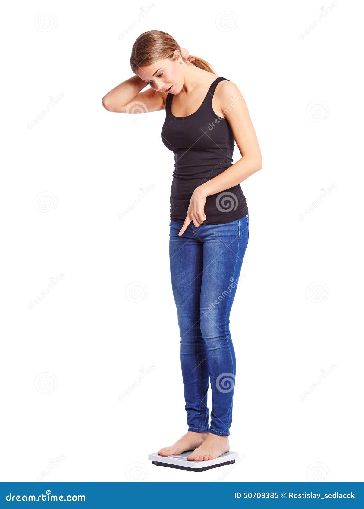 Girl Standing on Scale Weight is Surprised Stock Image - Image of ...
