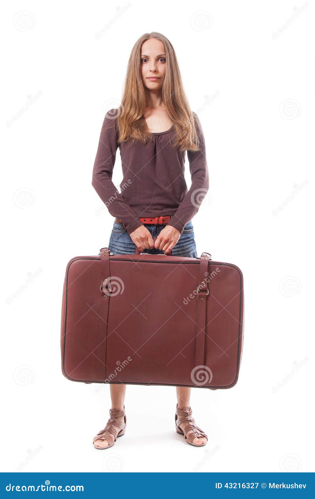 Girl Standing with Suitcase. Isolated on White Stock Image - Image of ...