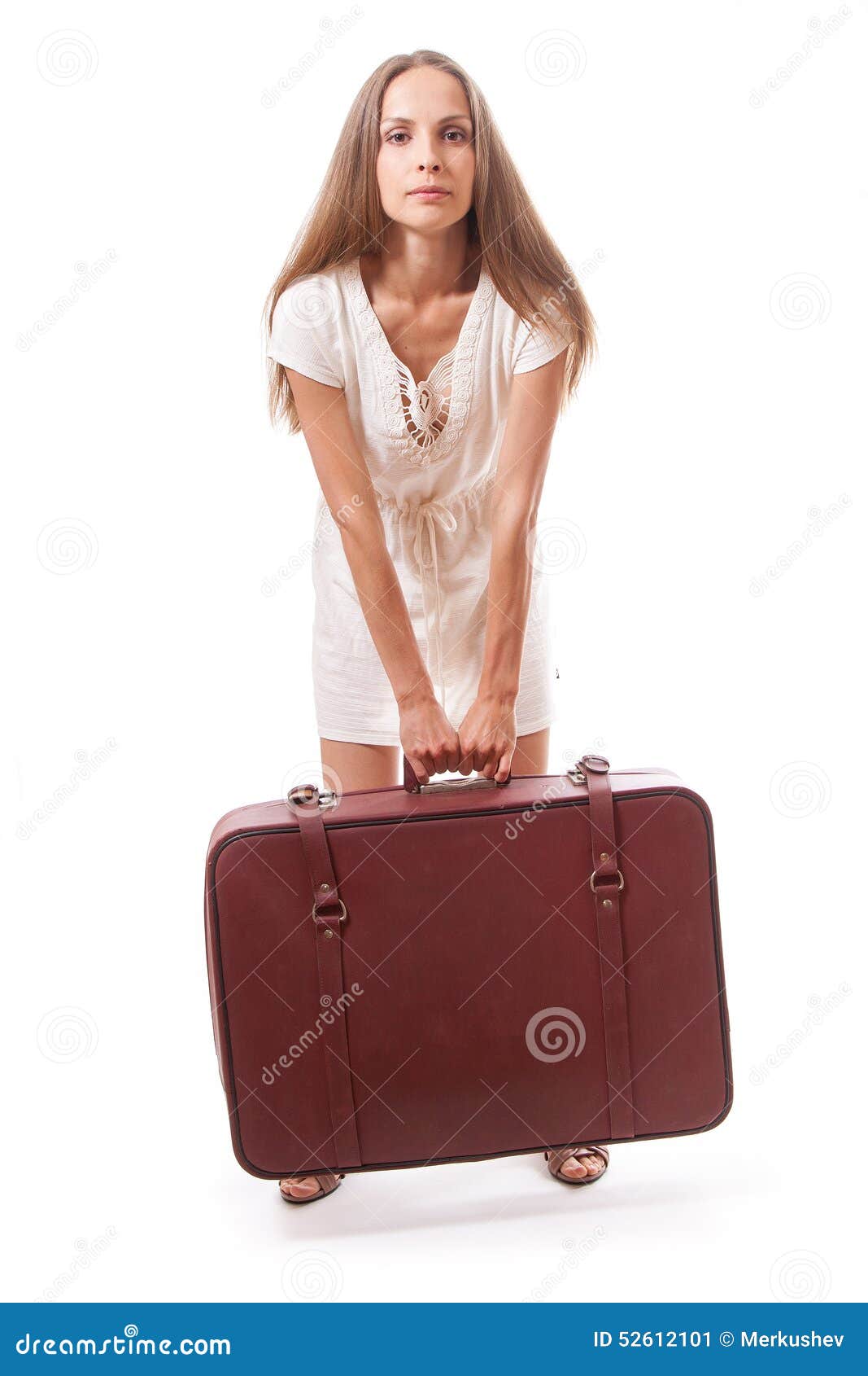 Girl Standing with Suitcase. Isolated on White Stock Image - Image of ...