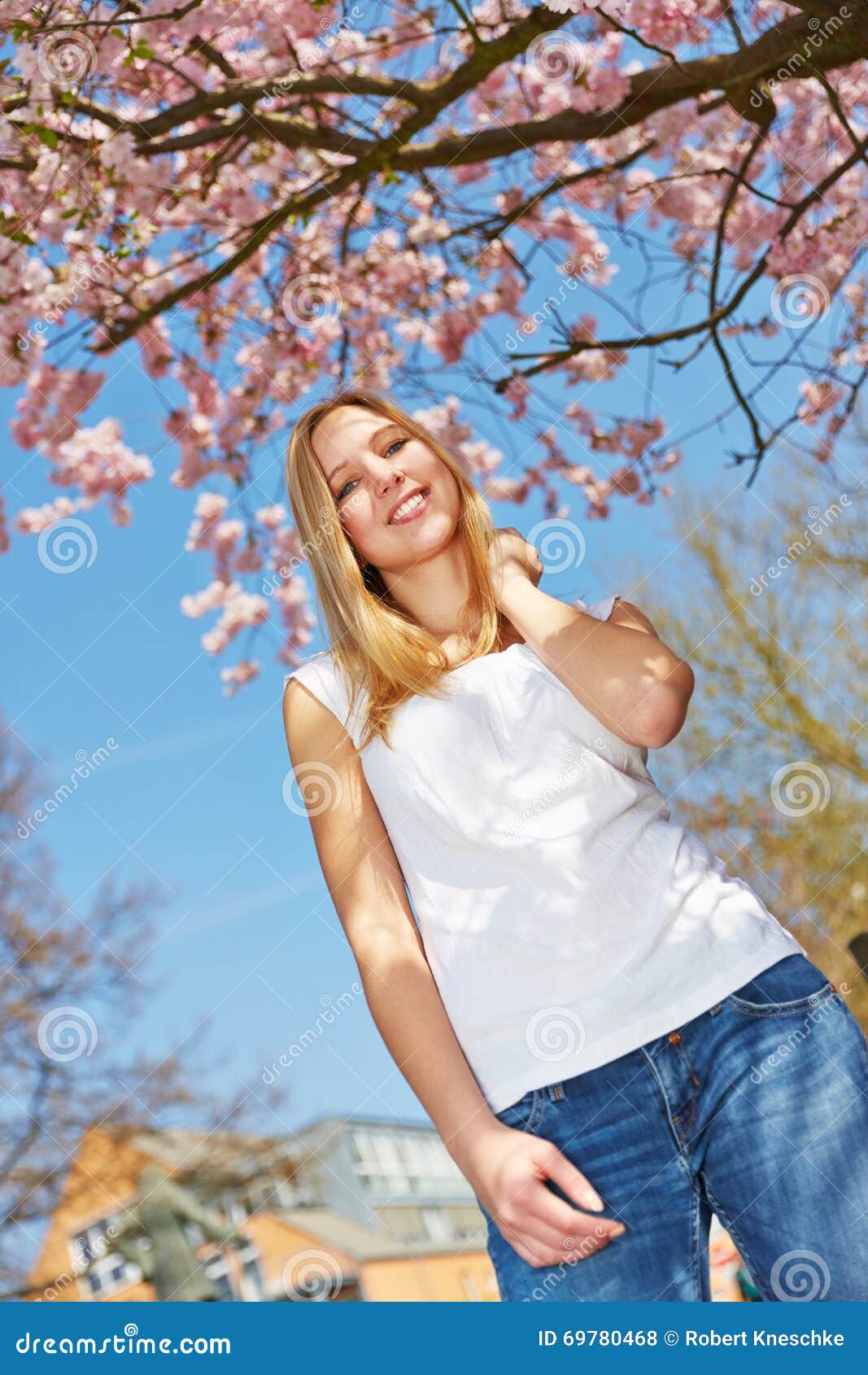Girl Standing Under Cherry Tree in Spring Stock Photo - Image of cherry ...