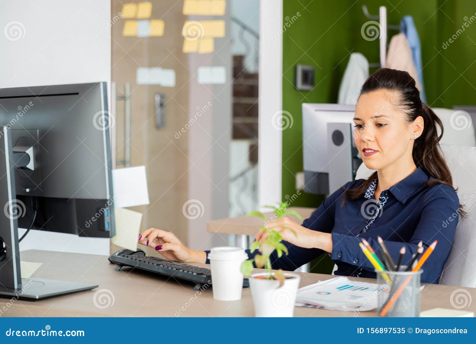 Girl Stands in Front of the Computer. Stock Image - Image of modern ...