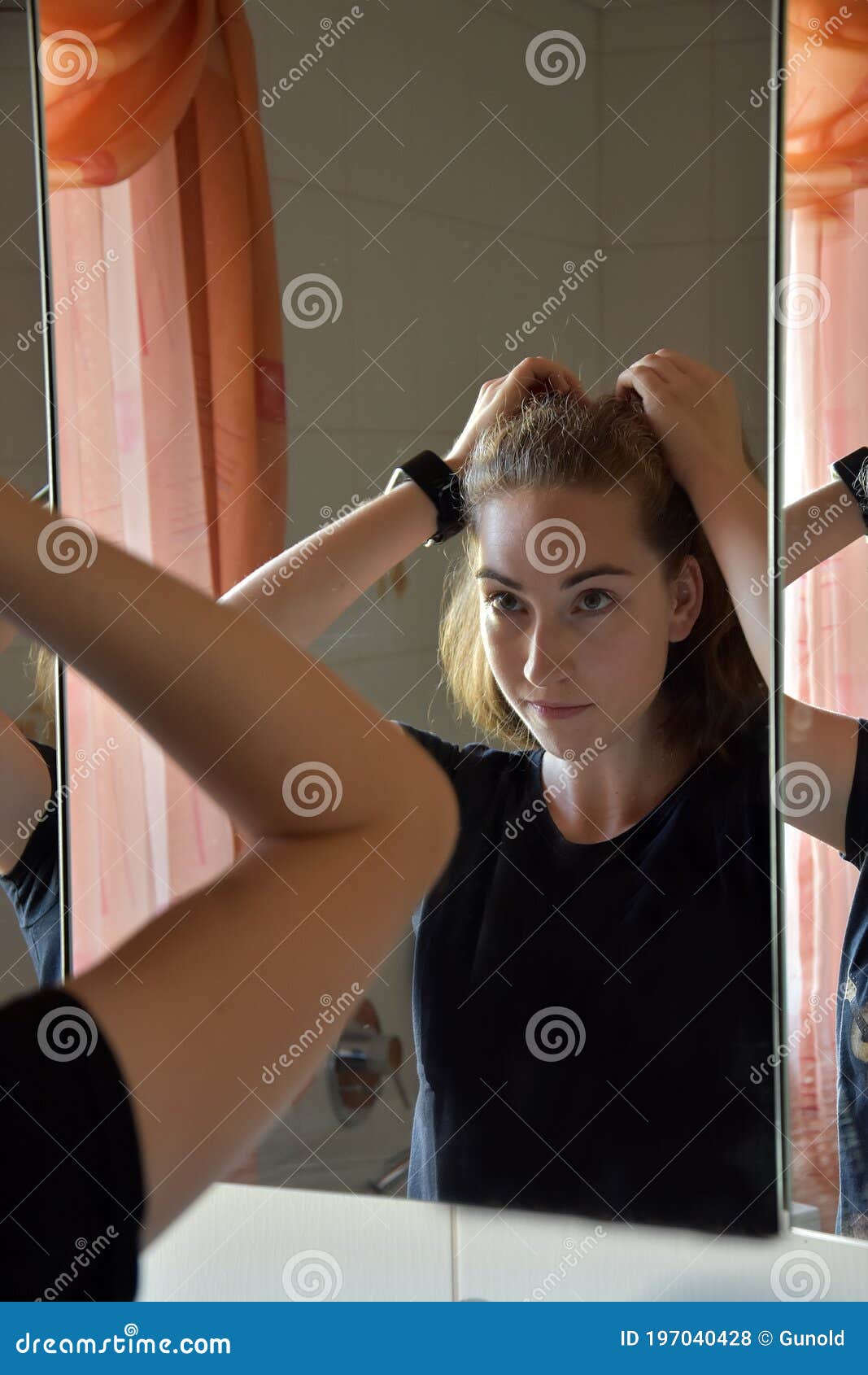 Girl with Testing Look in the Mirror Stock Photo - Image of face ...