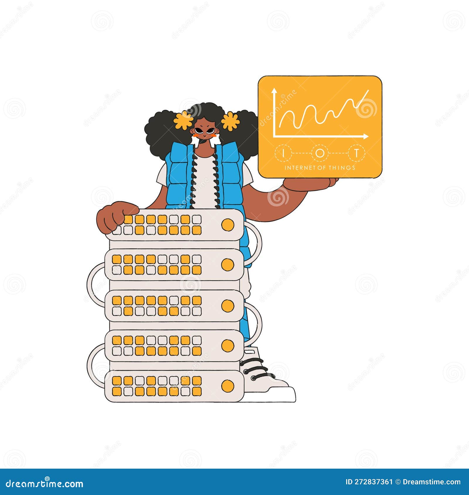 Girl Stands By Server, Logo Of IoT In Her Hands. Cartoon Vector ...