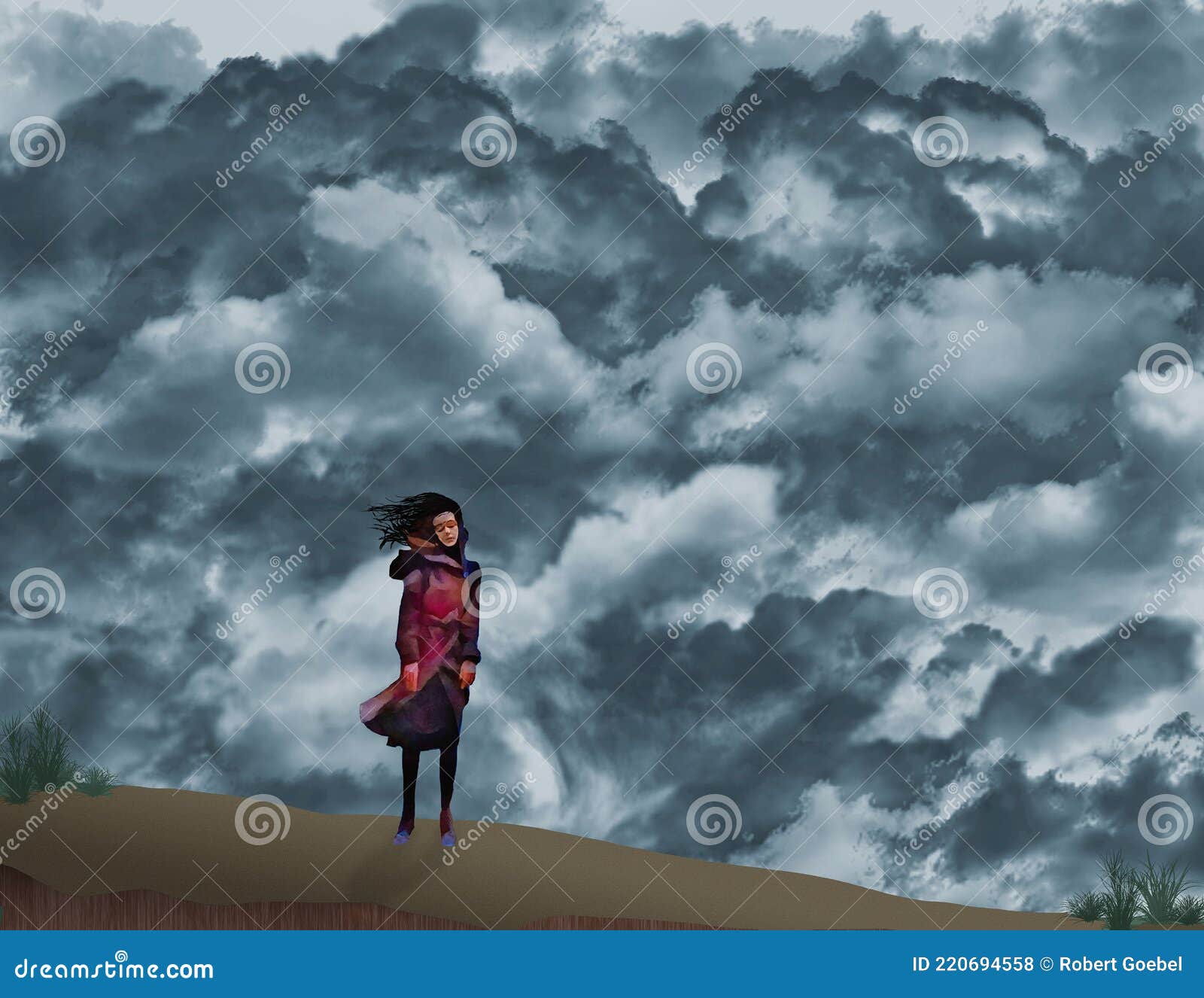 A Girl Stands in the Wind on a Hilltop Stock Illustration ...