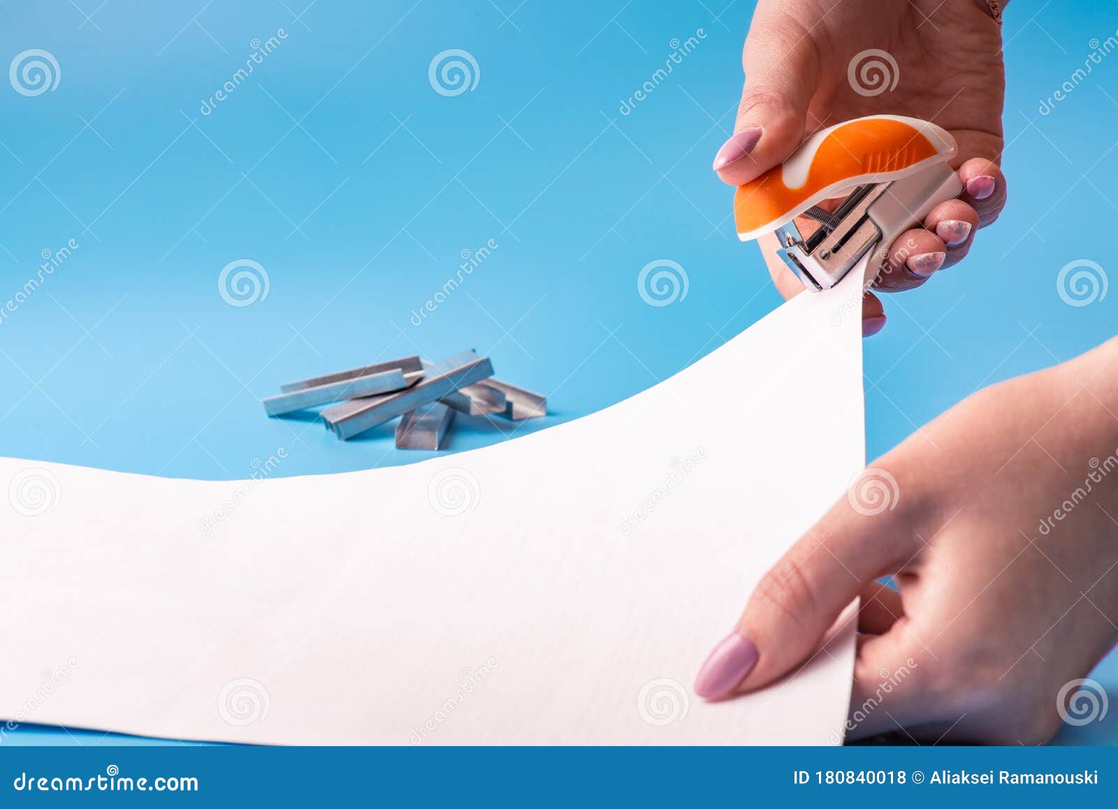 Girl Stapler Fastens Sheets of Documents from Paper in Office. Copy ...