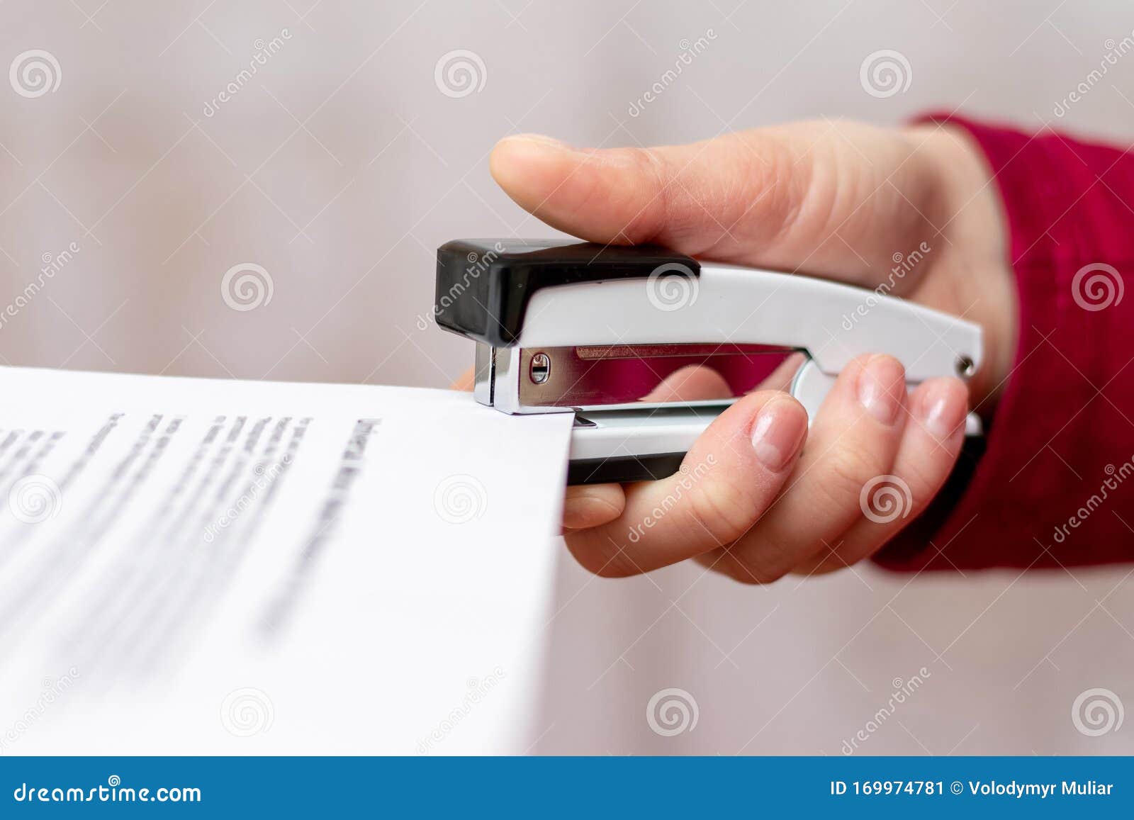 Girl Stapler Fastens Sheets of Paper Documents in the Office_ Stock ...