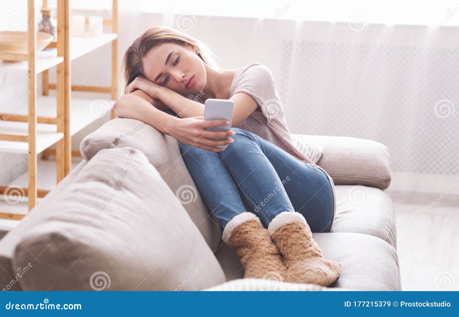 Girl Stayed at Home and Typing on Smartphone Stock Image - Image of ...