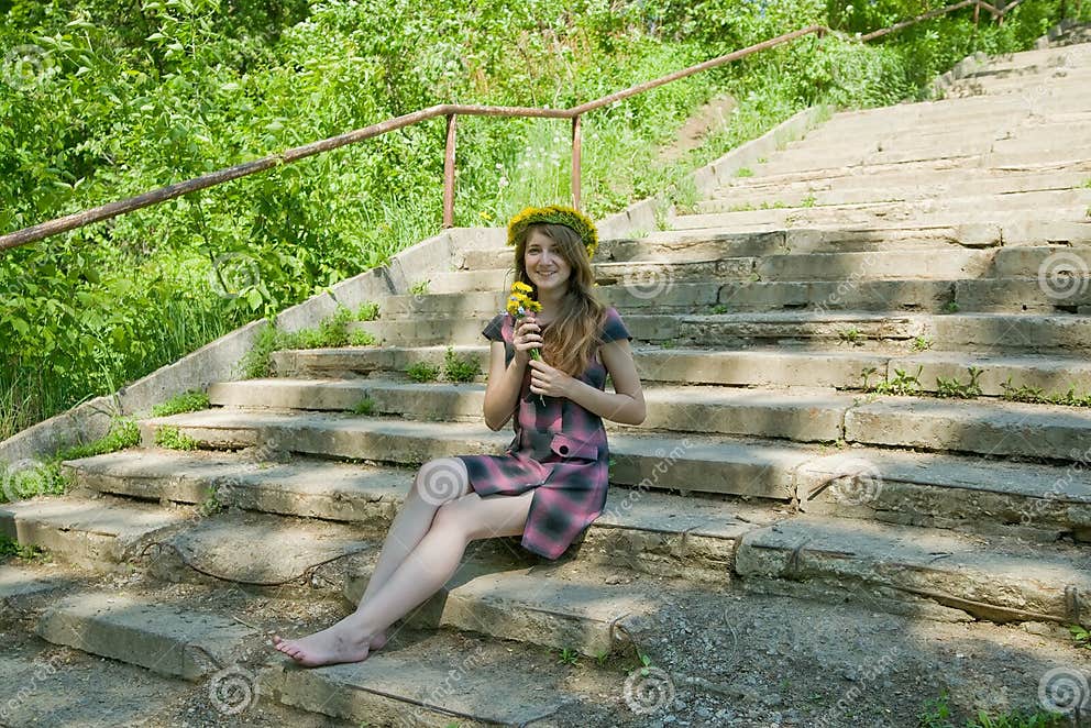Girl on the steps of stair stock image. Image of barefoot - 9819139