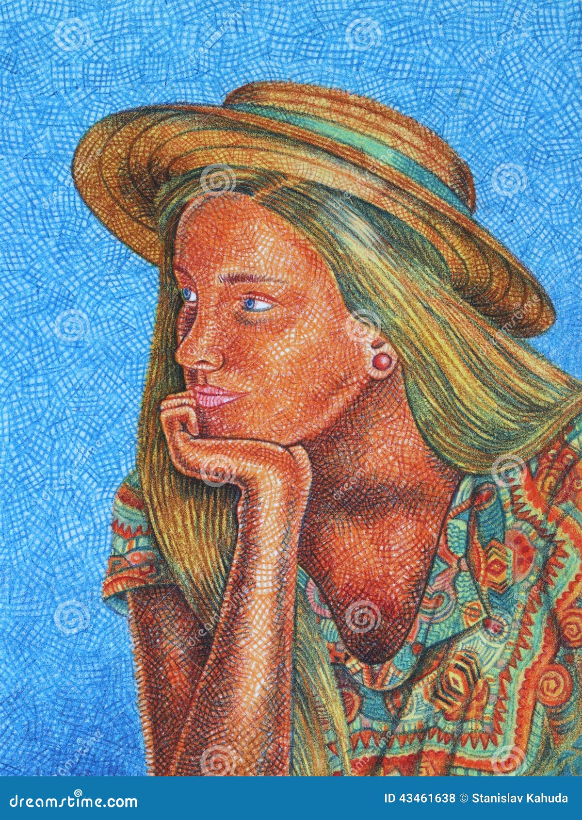 Girl with Straw Hat - Drawing with Colored Pencils. Stock Illustration ...