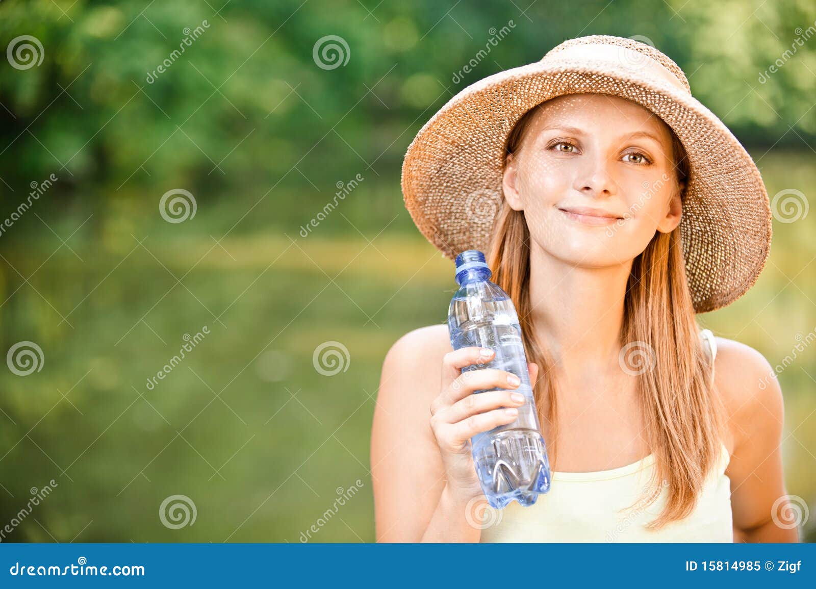 Girl in Straw Hat Drinks Water Stock Image - Image of mineral, park ...