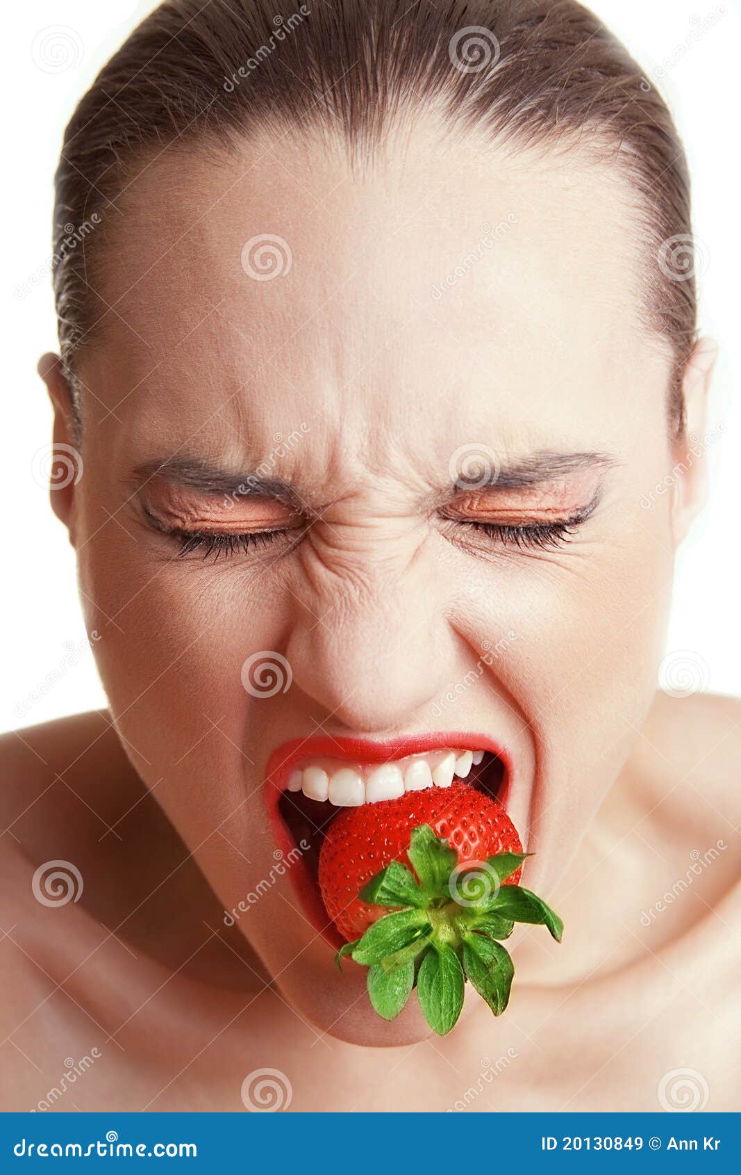 Girl with a Strawberry Making Funny Face Stock Image - Image of closed ...