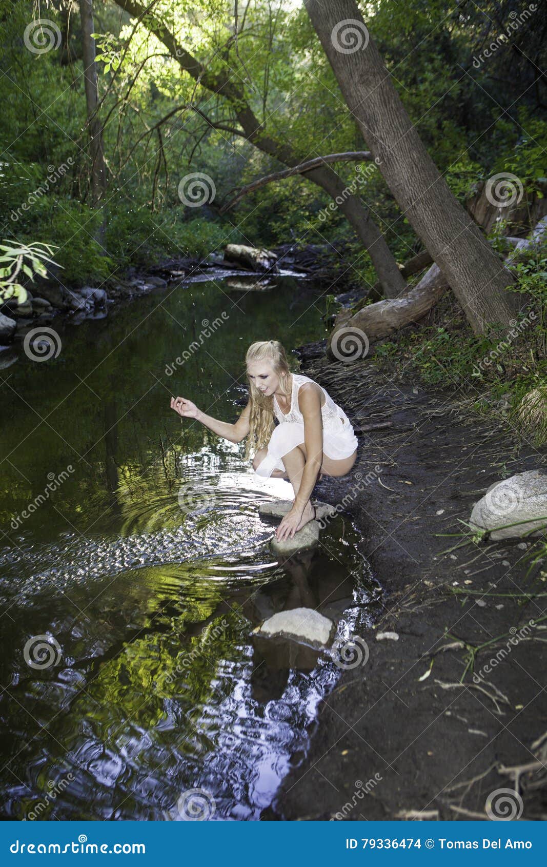 Girl by stream stock photo. Image of outdoors, dress - 79336474
