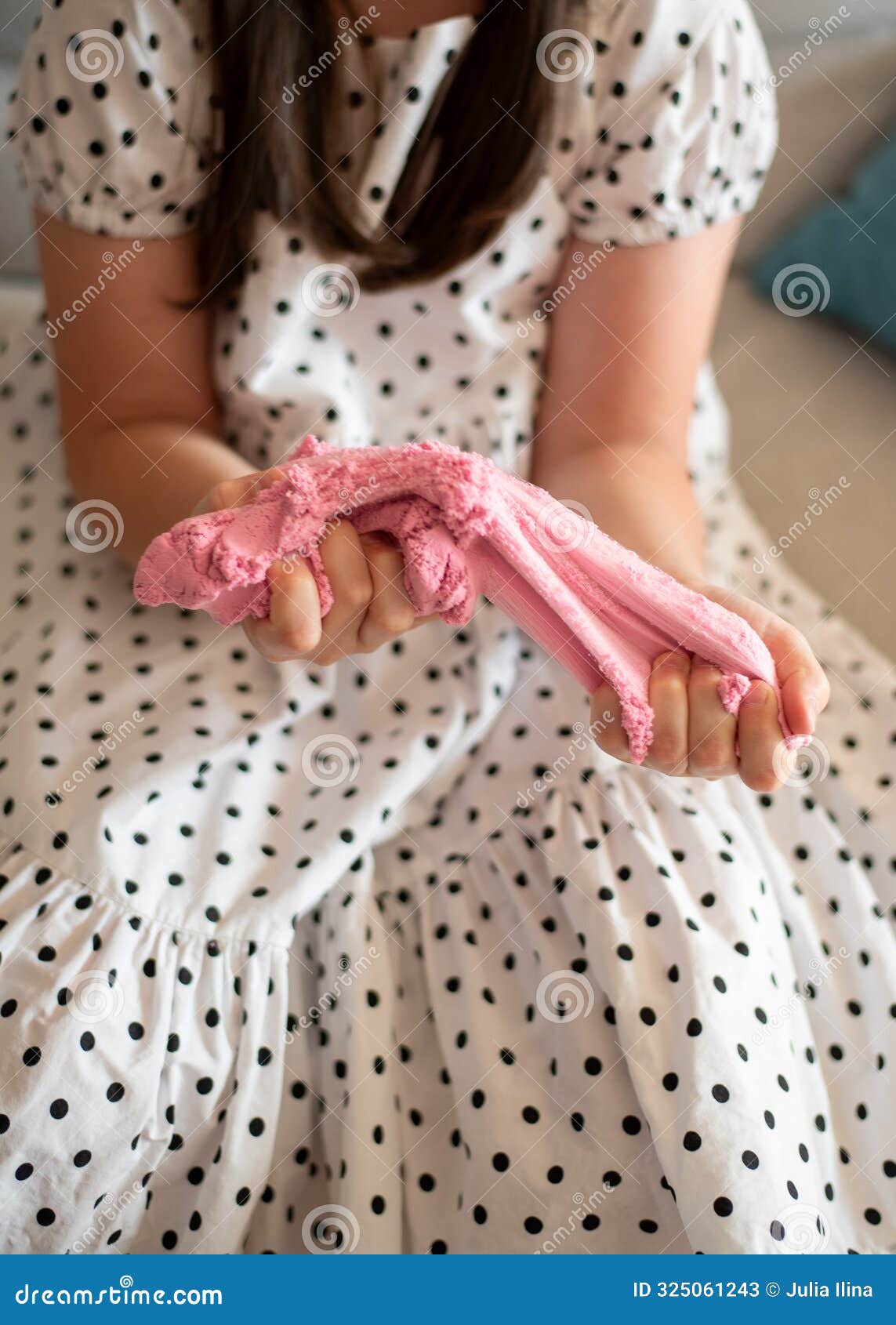Girl Stretching Slime. Girl Playing with Pink Slime Stock Image - Image ...
