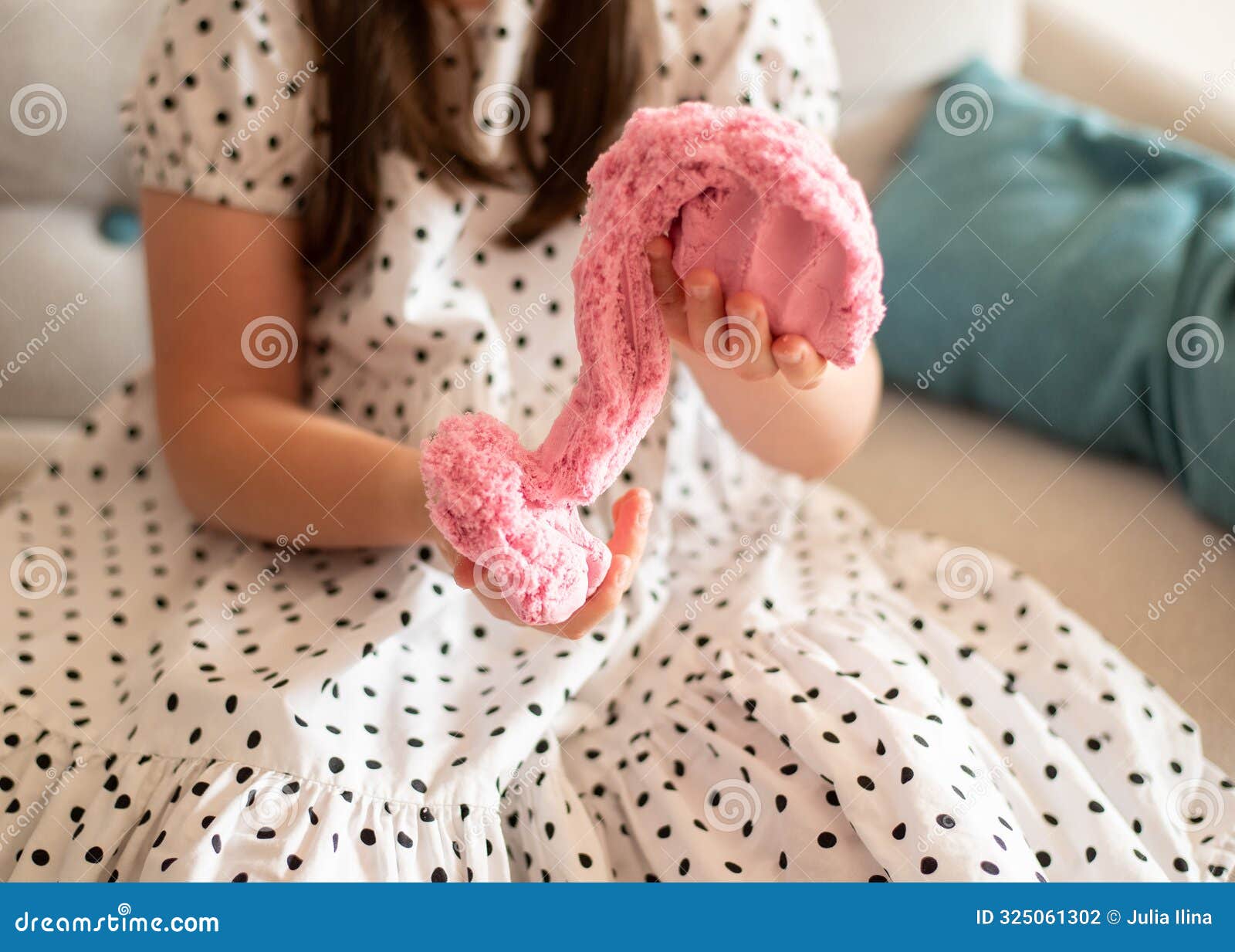 Girl Stretching Slime. Girl Playing with Pink Slime Stock Photo - Image ...