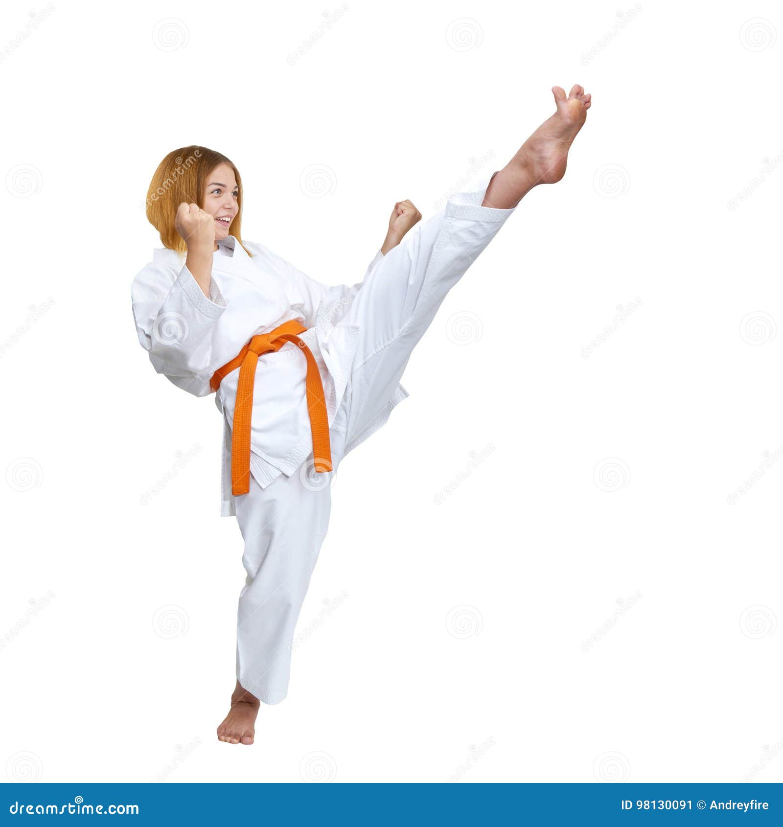 A Girl Strikes with a Kick Forward on a White Background Stock Image ...