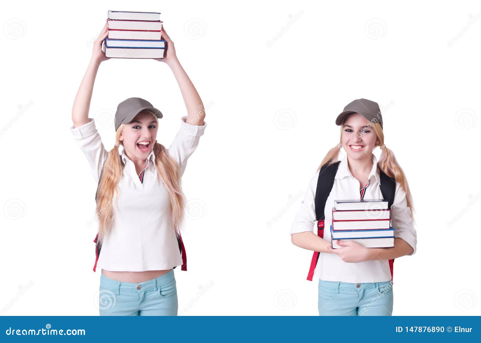 The Girl Student with Books on White Stock Photo - Image of caucasian ...
