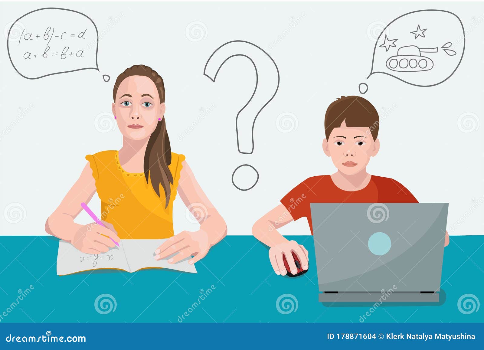 Girl Student Does Homework, the Boy Plays Computer Games. the Problem ...