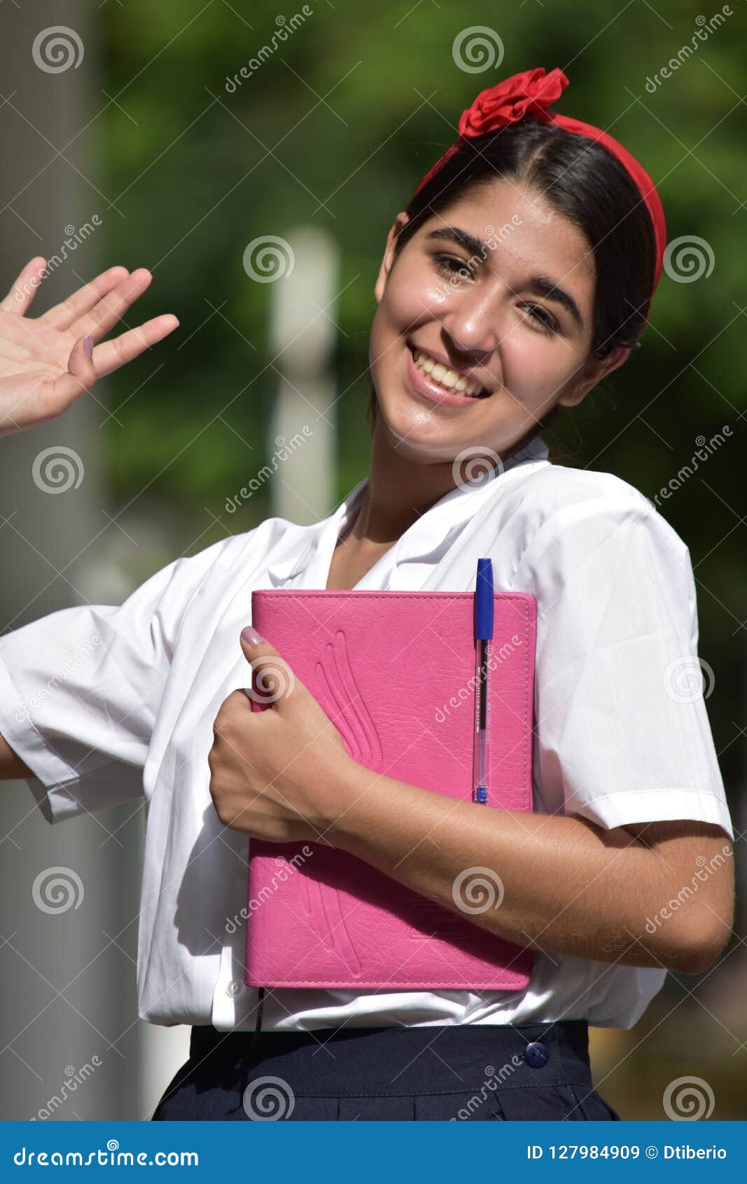 Girl Student Greeting with Notebook Stock Image - Image of notes, greet ...