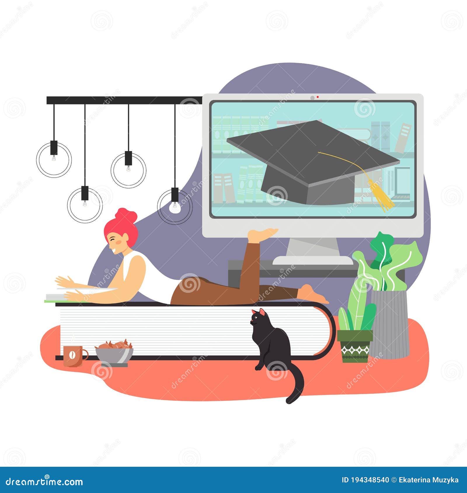 Girl Student Reading Book at Home, Studying Online, Flat Vector ...