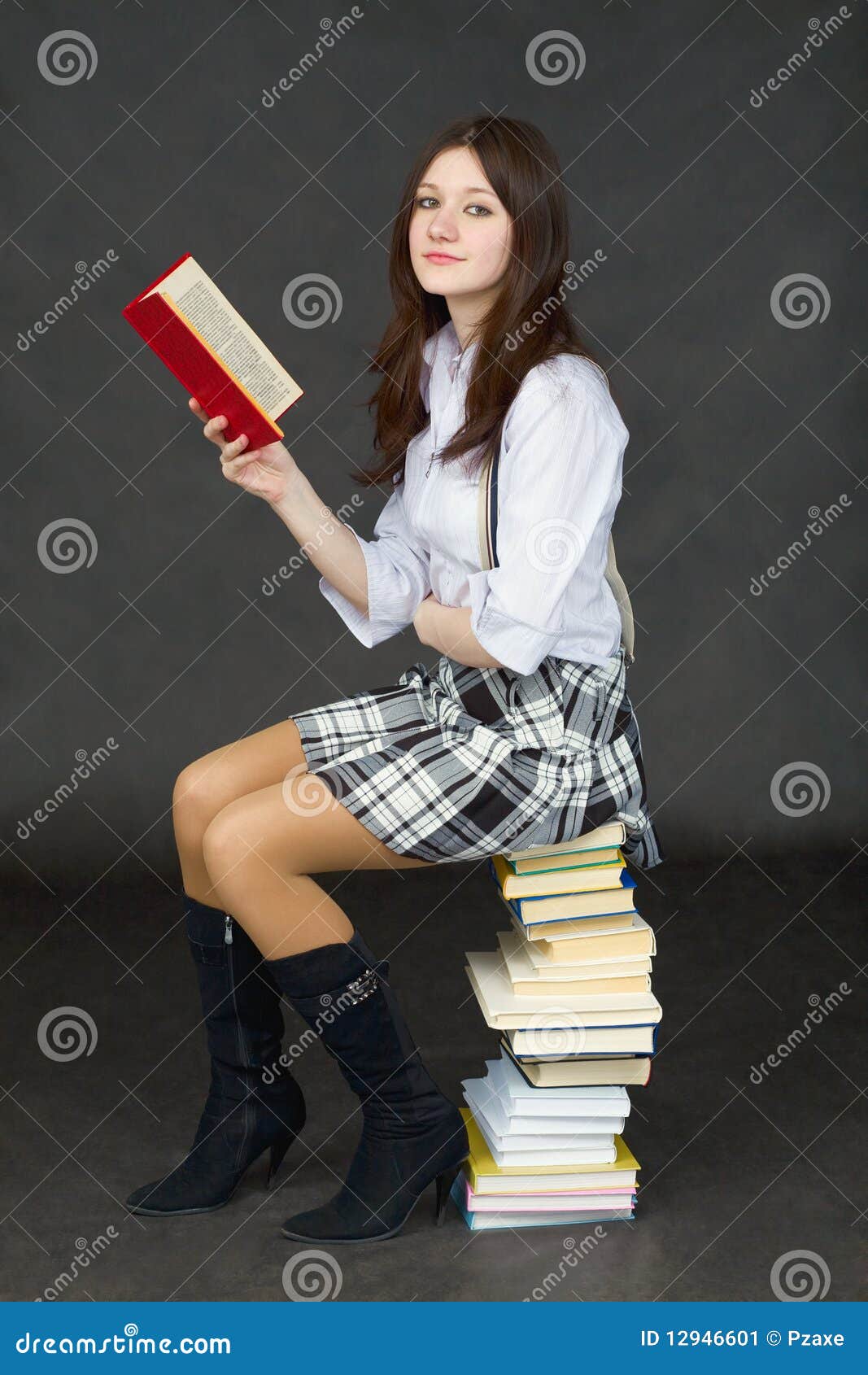 Girl - Student Sitting on Pile of Textbooks Stock Image - Image of book ...