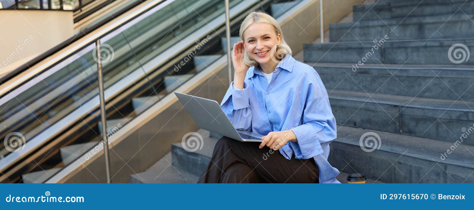 Girl Student Sitting on Stairs in University Campus, Using Laptop ...