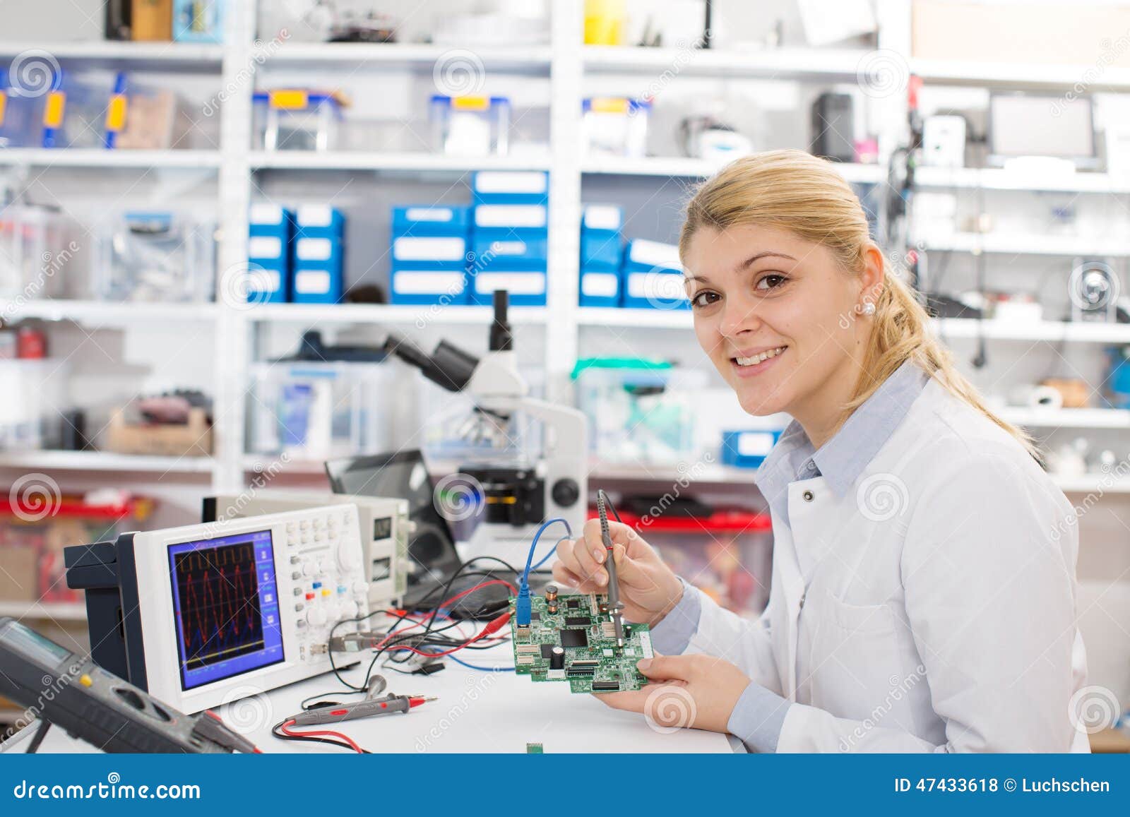 Girl Student Studying Electronic Device with a Microprocessor Stock ...