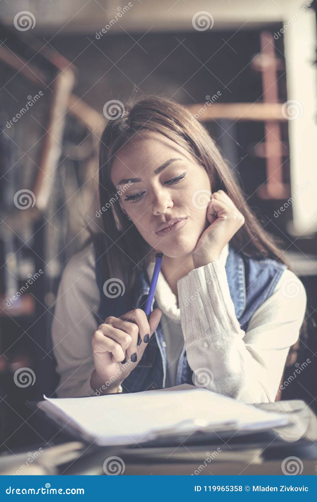 Girl Student Thinking and Writing Homework. Stock Photo - Image of girl ...