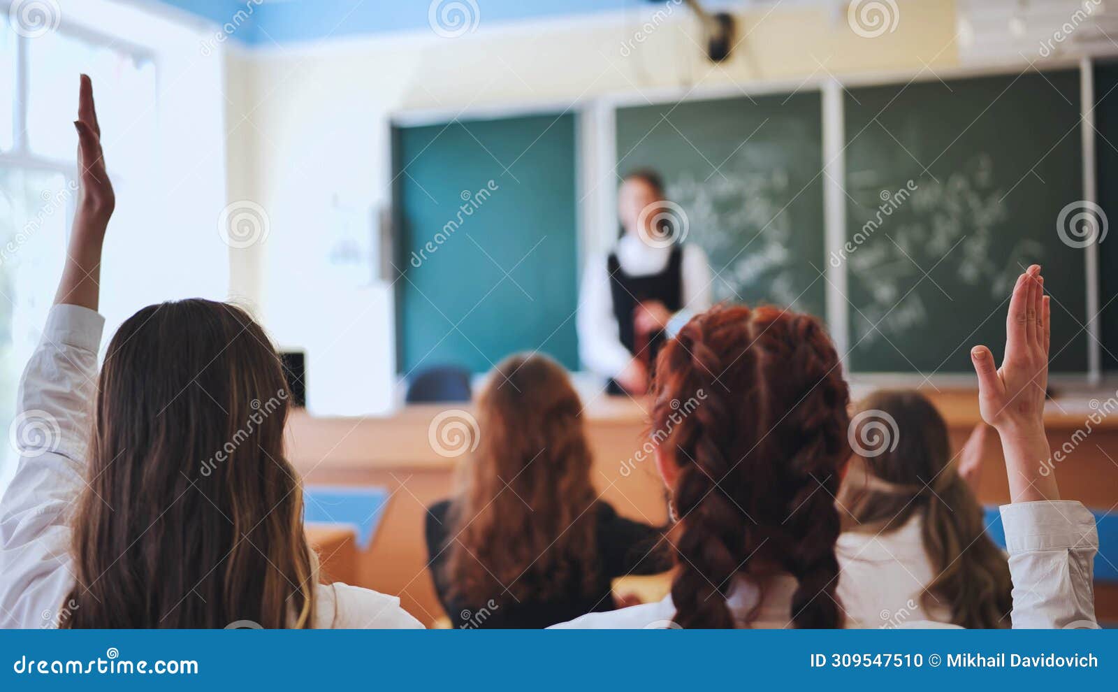 Girl Students Raise Their Hands in Math Class. Stock Photo - Image of ...