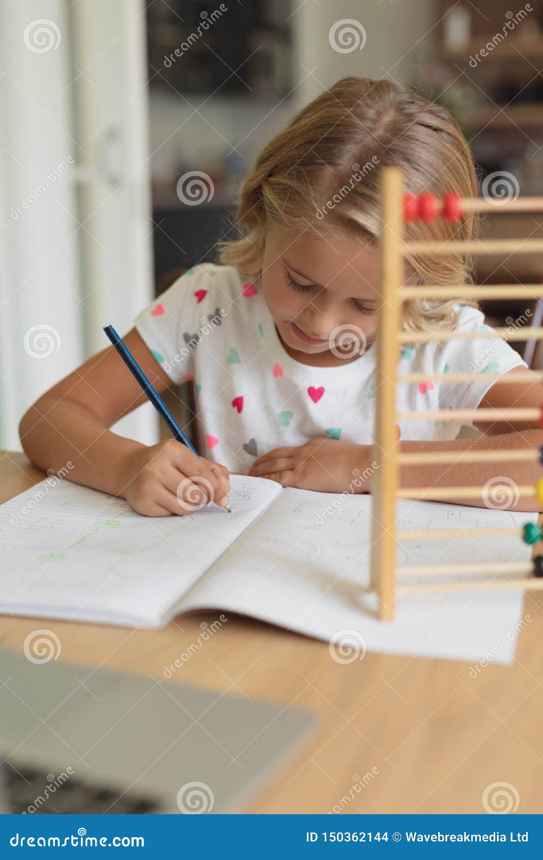 Girl Study at Table in Comfortable Home Stock Photo - Image of holding ...