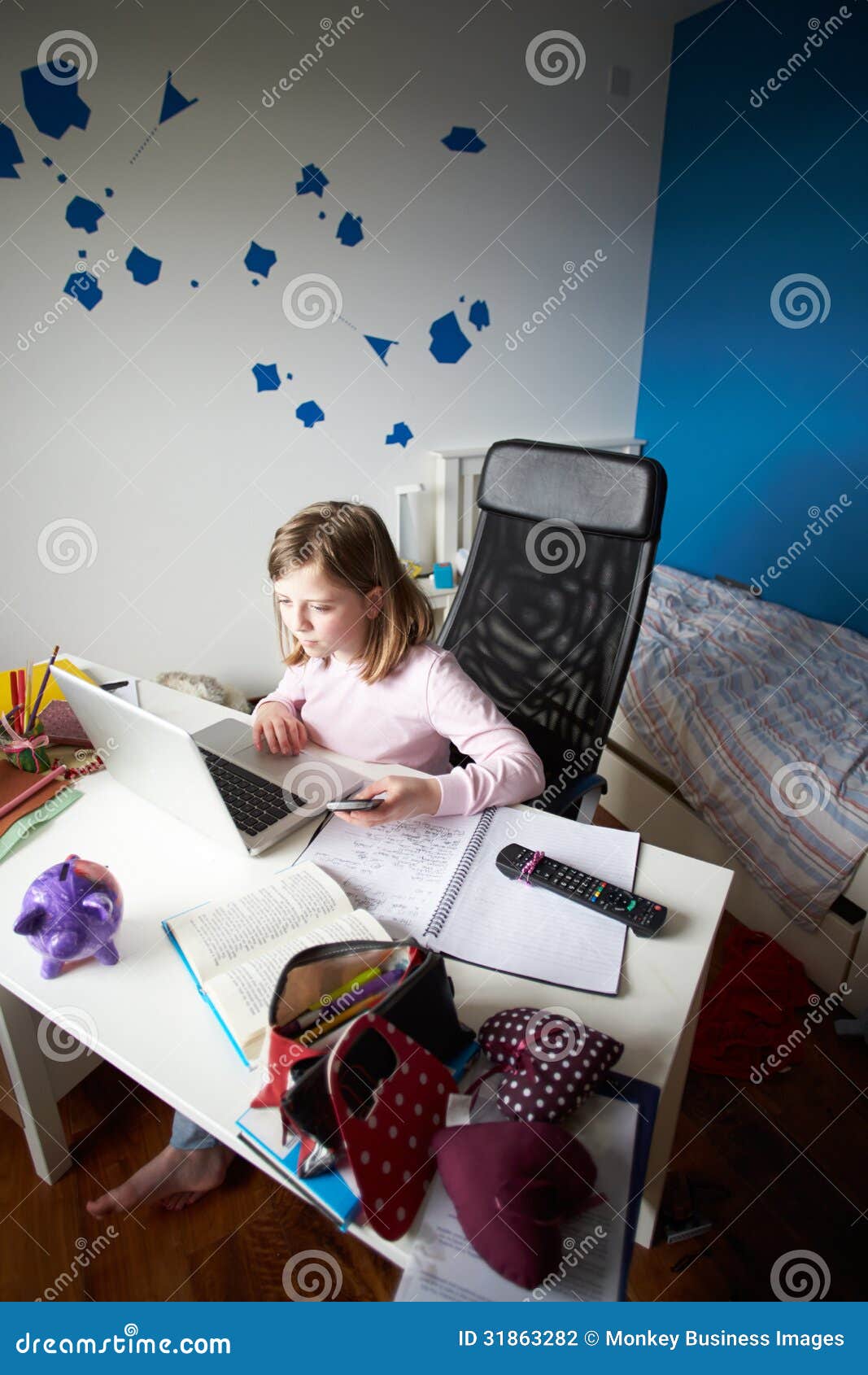 Girl Studying in Bedroom Using Laptop Stock Photo - Image of networking ...