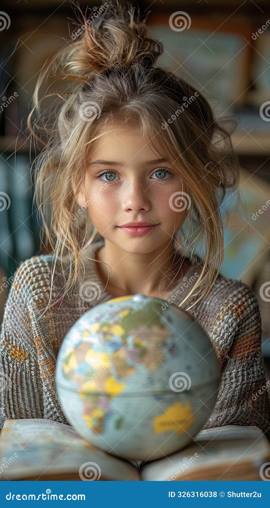 Girl Studying with a Globe World Map Backdrop Perfect for Global ...