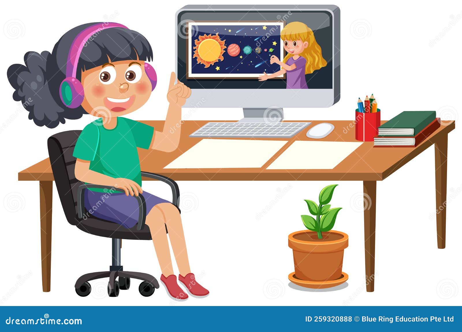 A Girl Studying Online on Computer Stock Vector - Illustration of ...