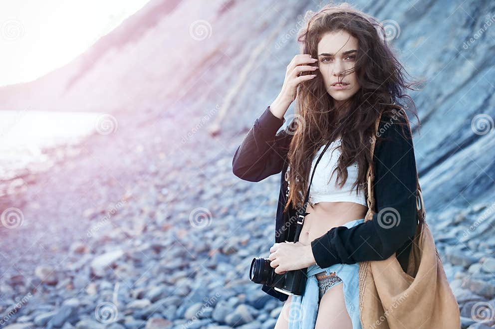 Girl in Style of Boho with a Camera at Sea Stock Image - Image of ...