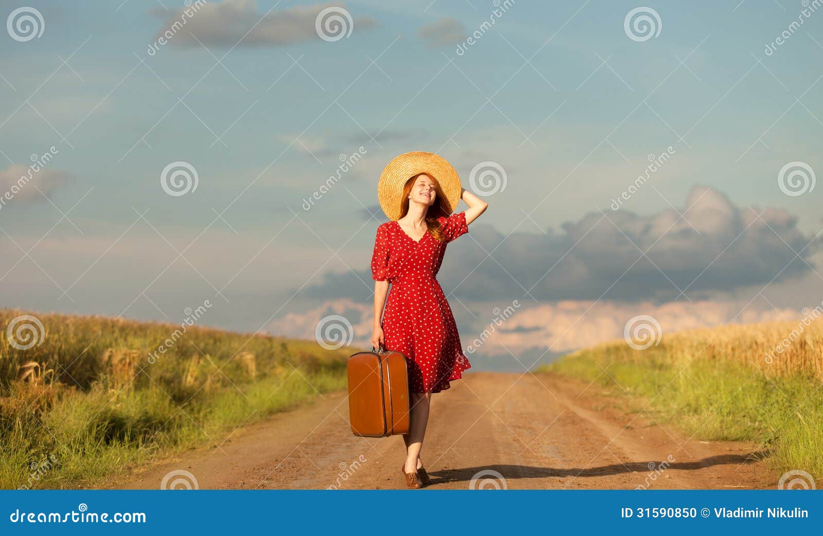 Girl with suitcase stock photo. Image of retro, nature - 31590850