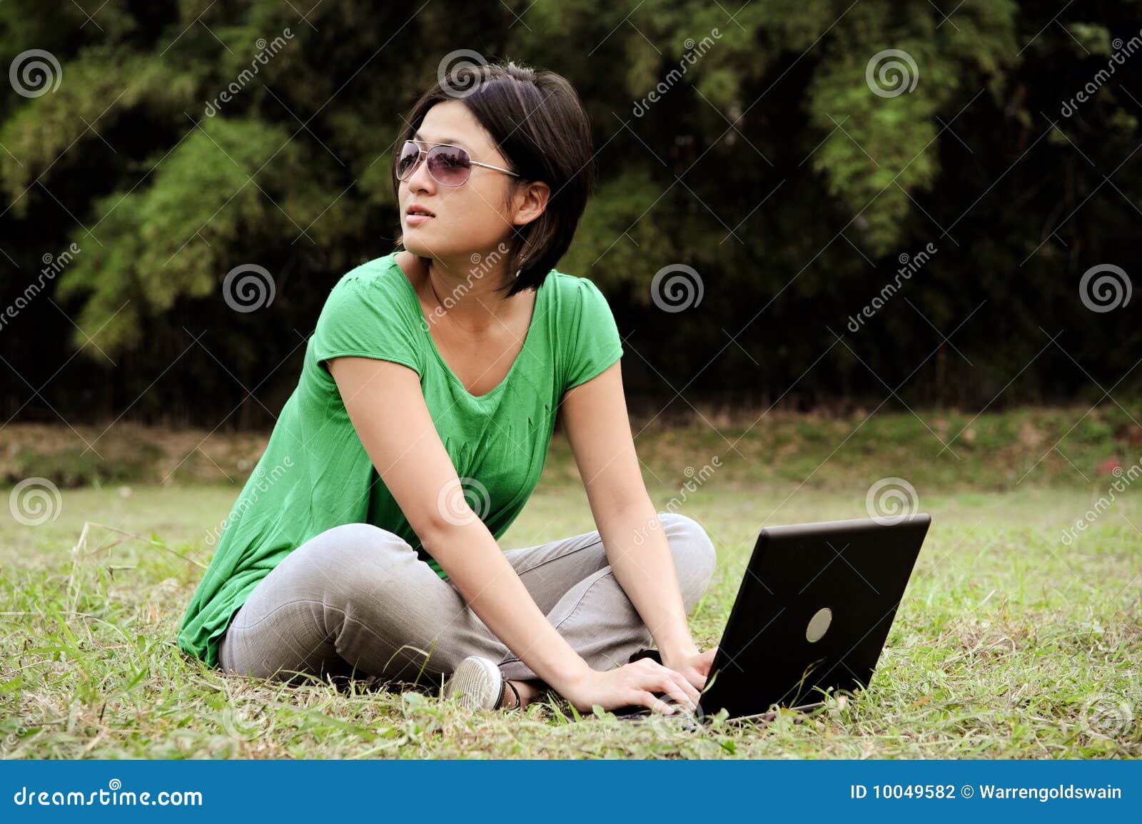 Girl with Sunglasses and a Computer Stock Photo - Image of asian ...