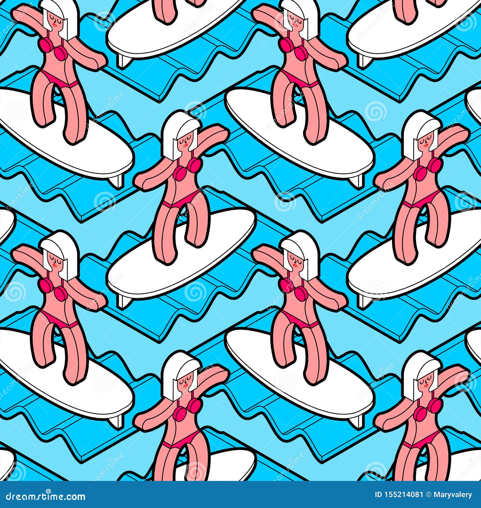 Girl On Surfboard On Wave Pattern Seamless. Woman Surfer Background ...