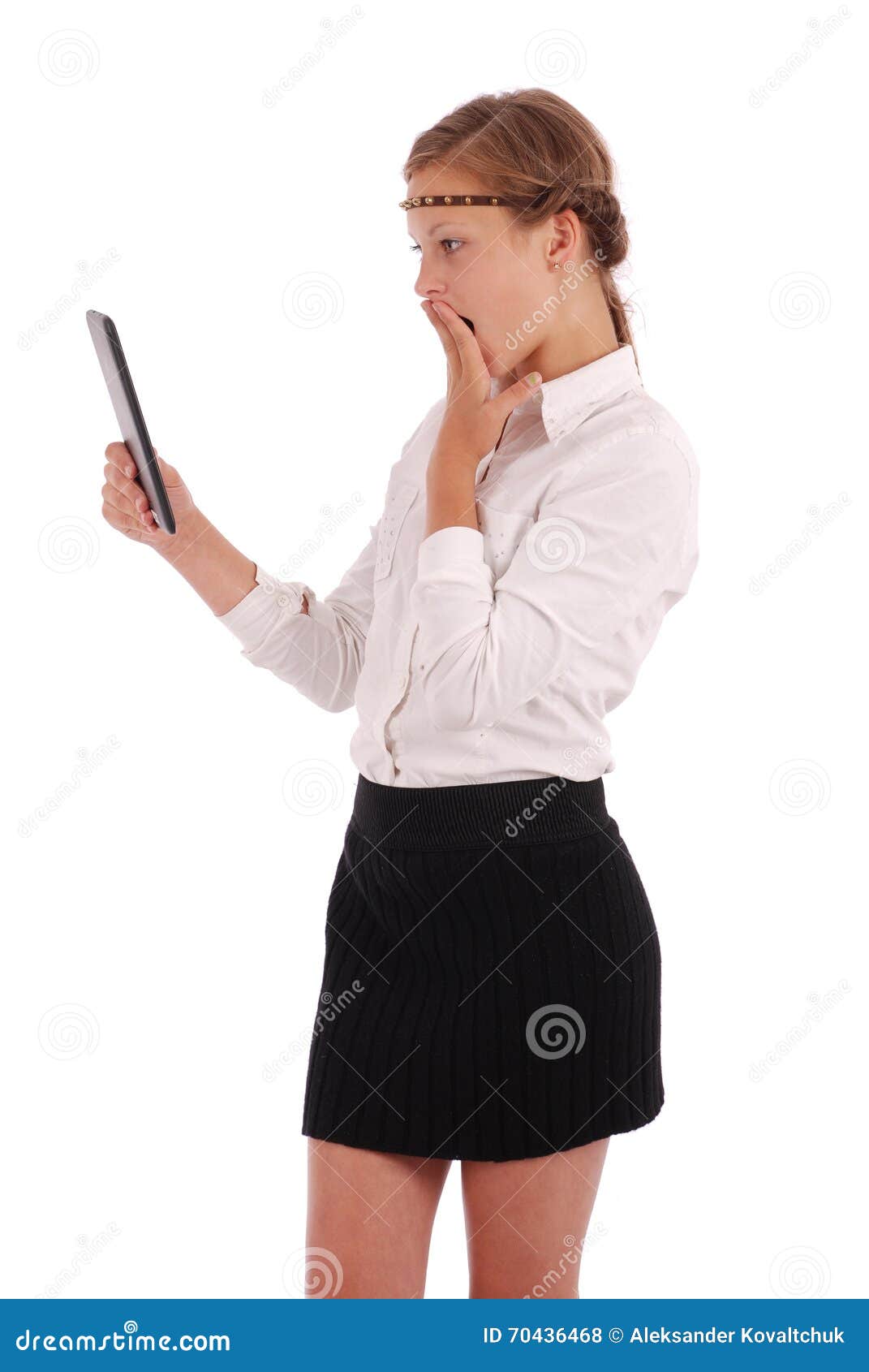 Girl with Surprise is Looking at Tablet Pc Stock Photo - Image of ...